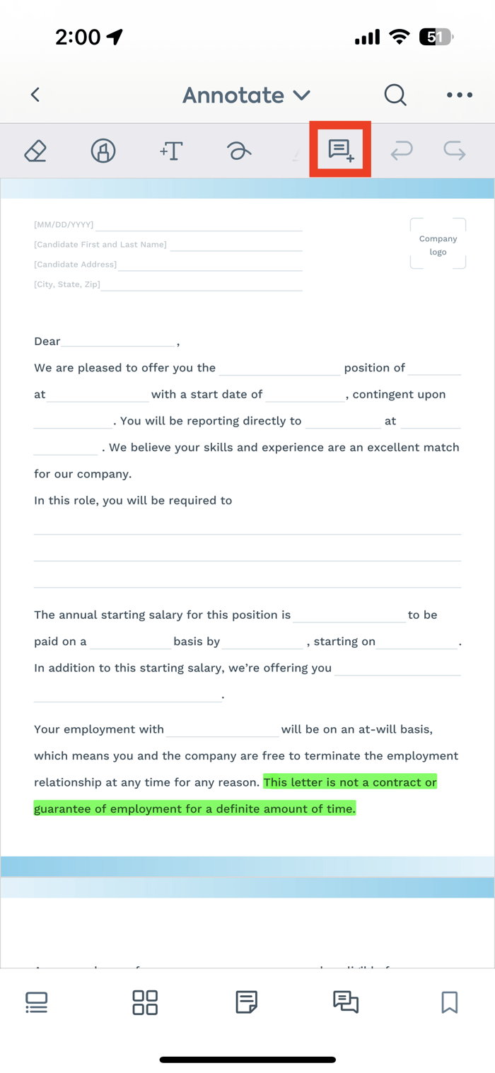 How do I add comments to my document in the mobile app?