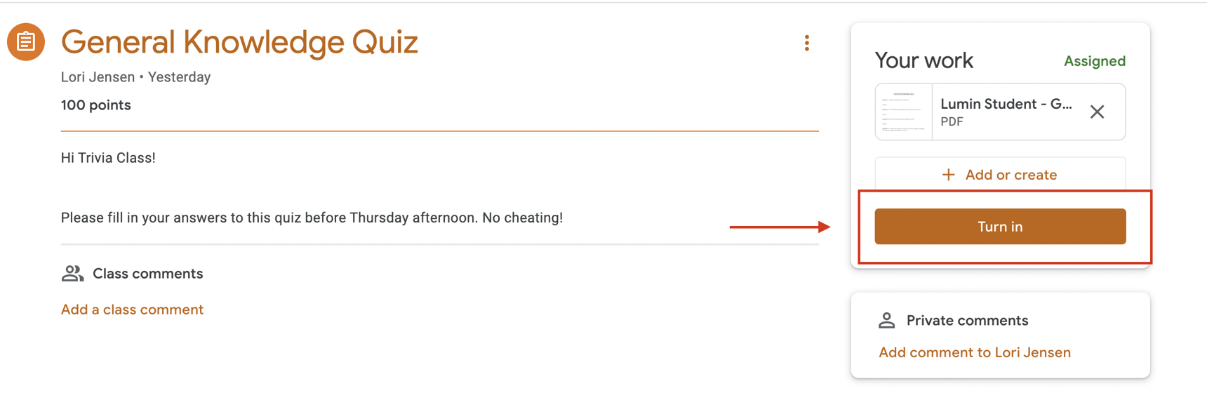 As a student, how do I hand in my filled assignment to Google Classroom?