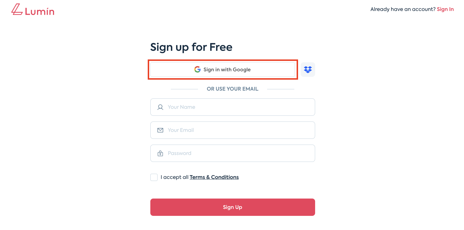 How to create a Lumin account via Google Drive and Dropbox