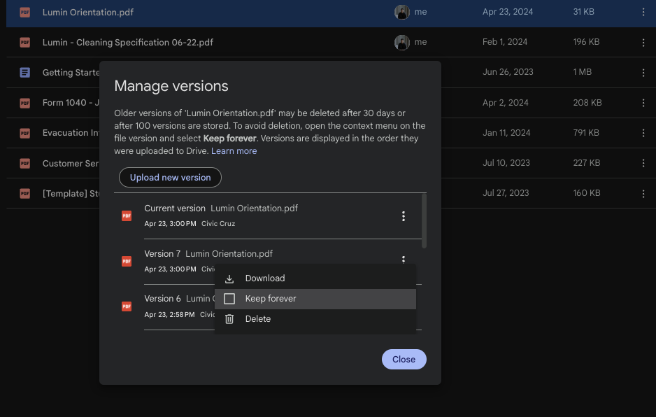 How do I restore specific document versions on Google-stored files?