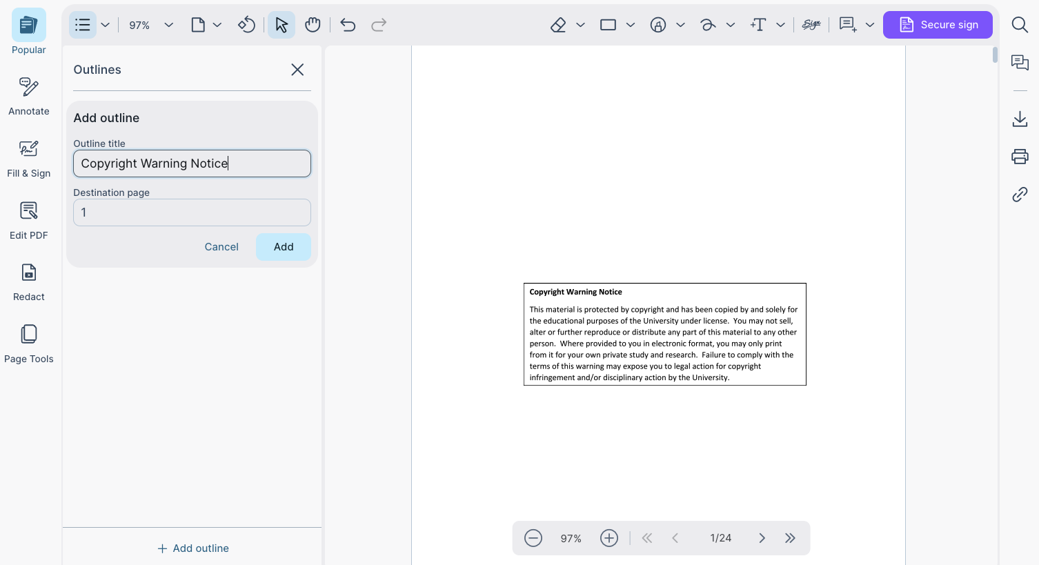 How do I create and view a document's outline?