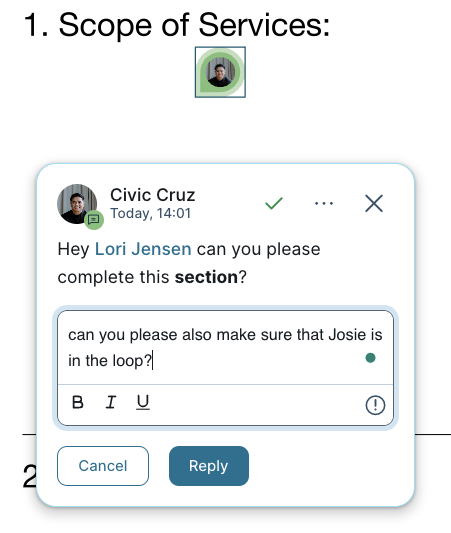 How do I add and reply to comments within a document?