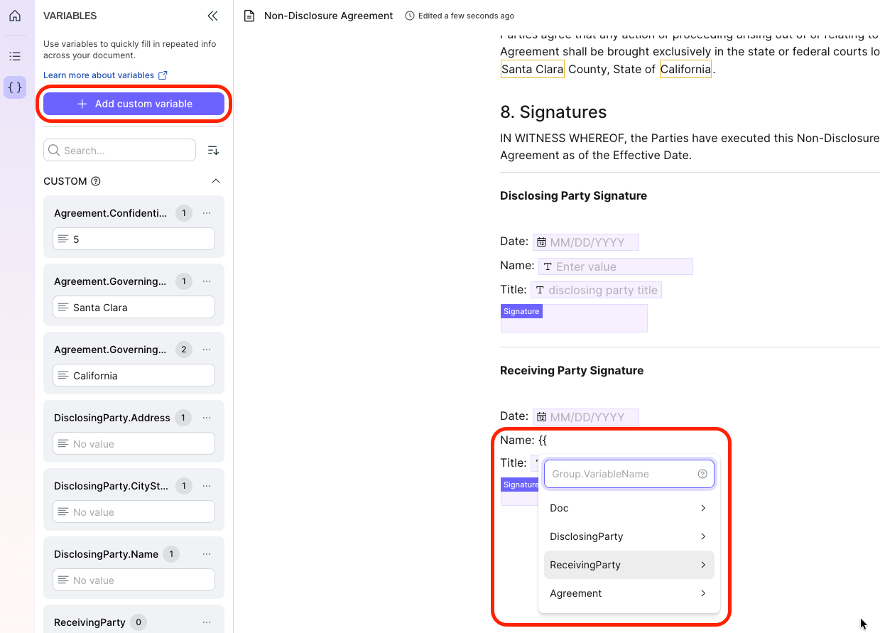 How do I add variables in my agreements using AgreementGen?