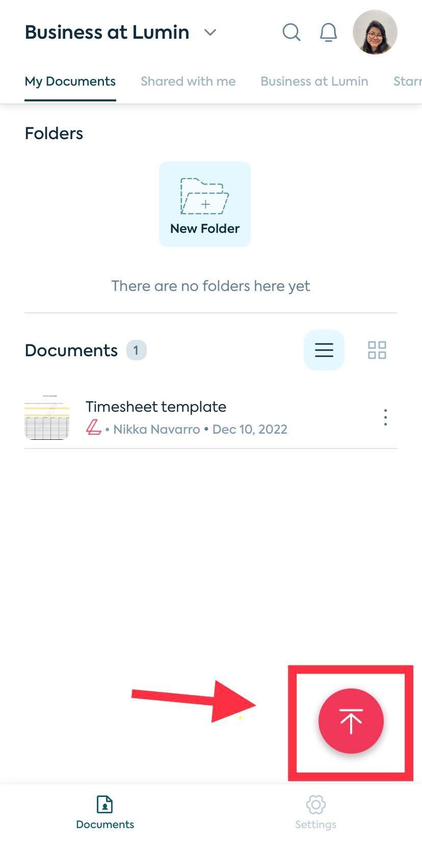 How do I upload documents to the Lumin mobile app?
